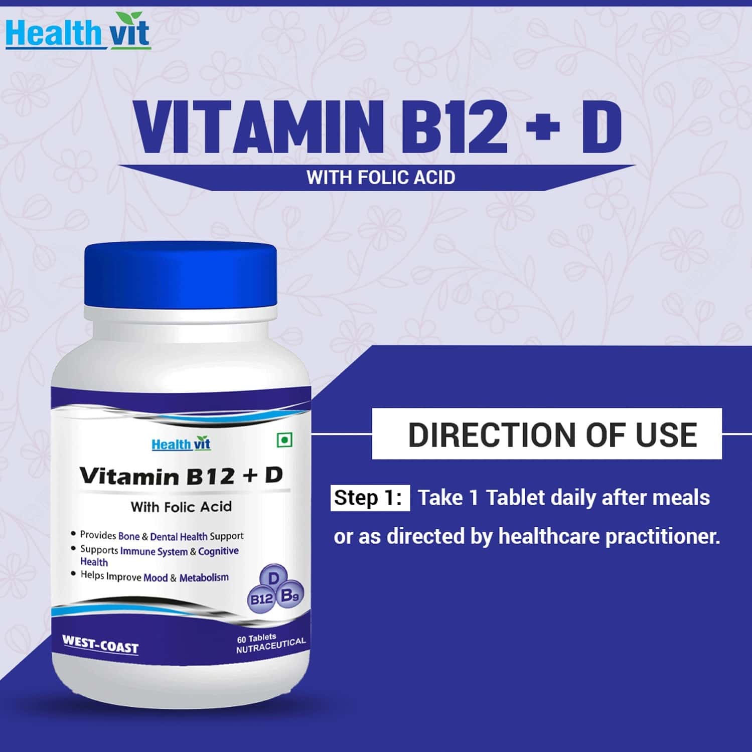Buy HEALTHVIT VITAMIN B12+D WITH FOLIC ACID - 60 TABLETS Online & Get ...