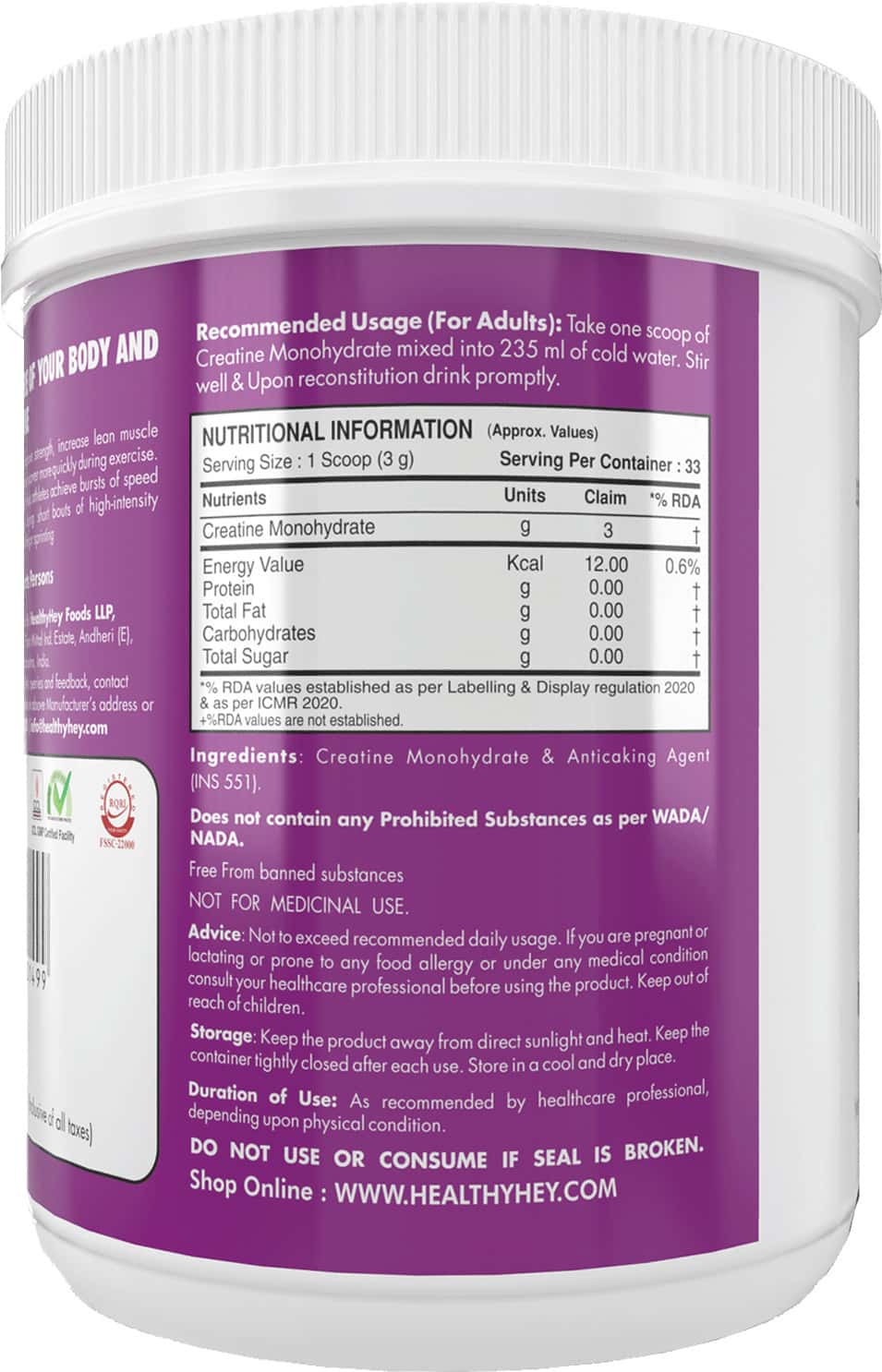 Buy HEALTHYHEY SPORTS CREATINE MONOHYDRATE 100G - 33 SERVINGS ...