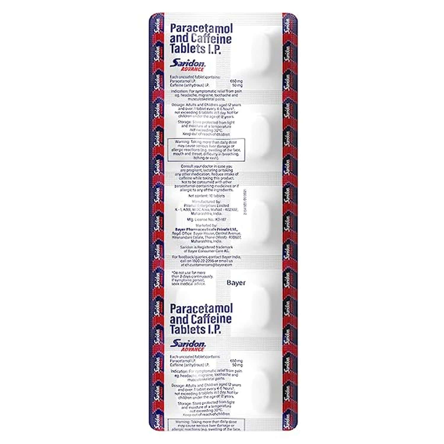 Buy SARIDON ADVANCE TABLET FOR 5 IN 1 PAIN RELIEF, PACK OF 12 STRIPS OF ...