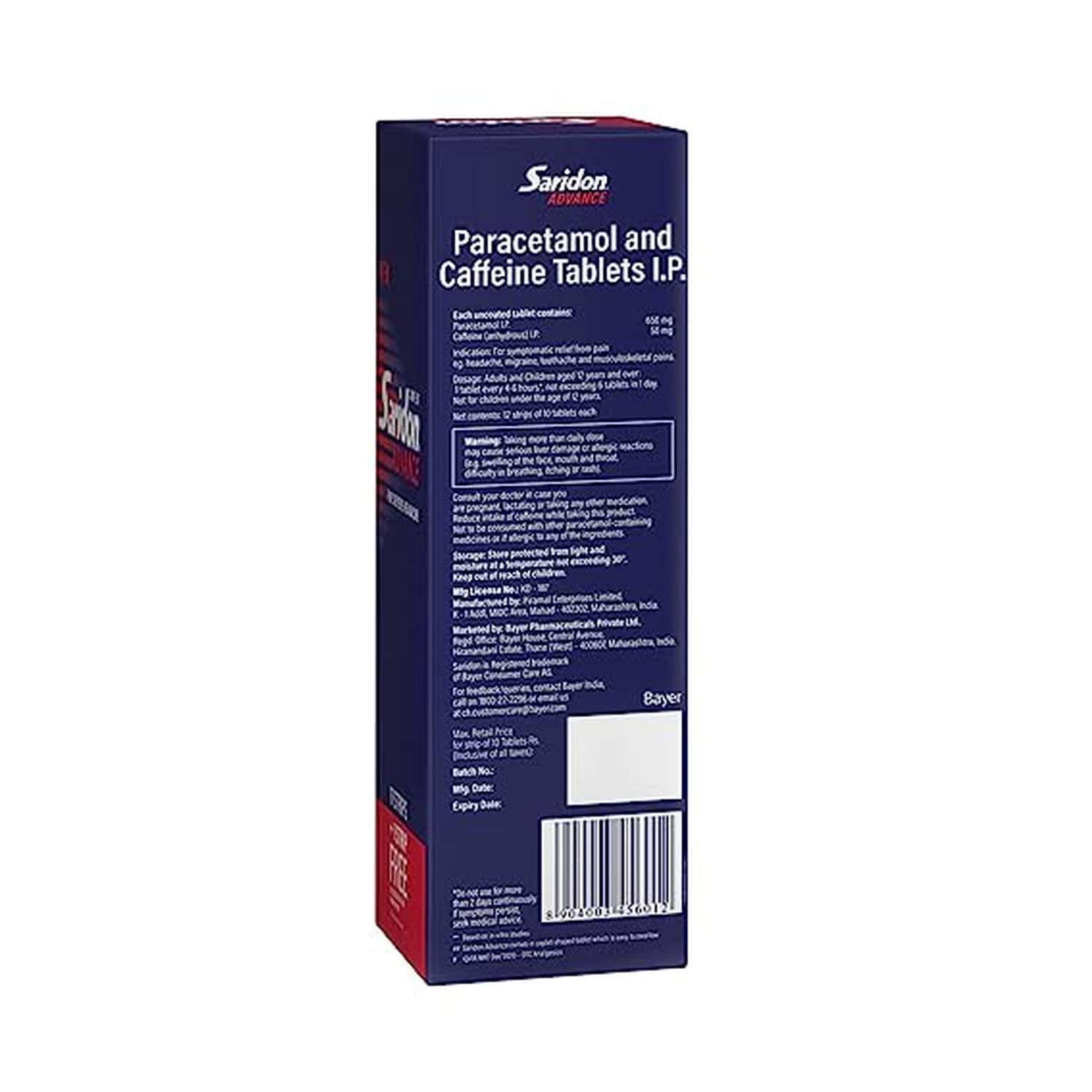 Buy SARIDON ADVANCE TABLET FOR 5 IN 1 PAIN RELIEF, PACK OF 12 STRIPS OF ...