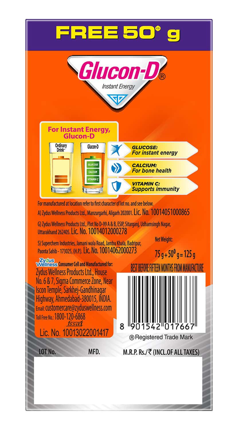 Buy Glucon-D Tangy Orange Health Drink Refill Of 125 G Online & Get ...