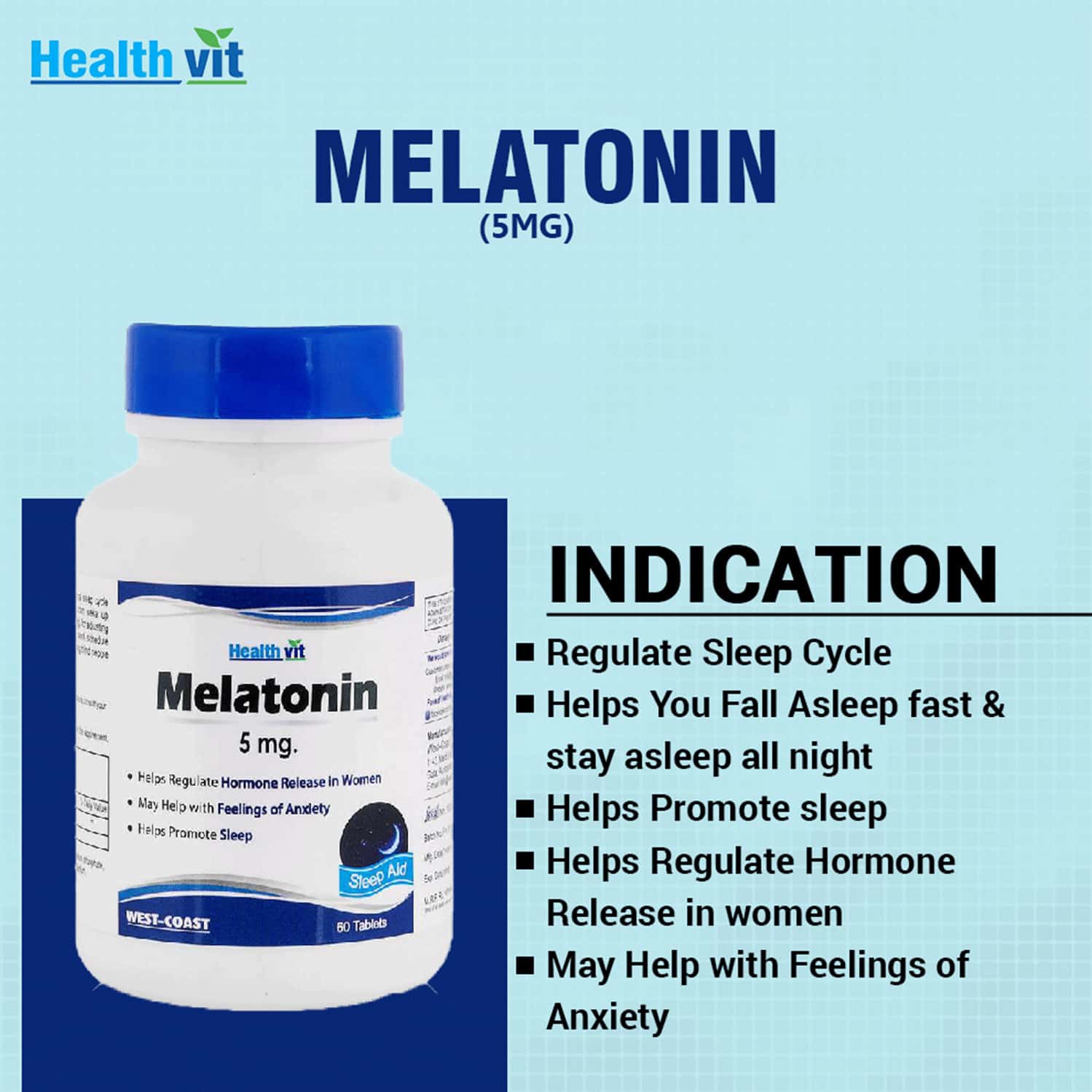 Buy HEALTHVIT MELATONIN 5MG HELPS YOU FALL ASLEEP - 60 TABLETS Online ...