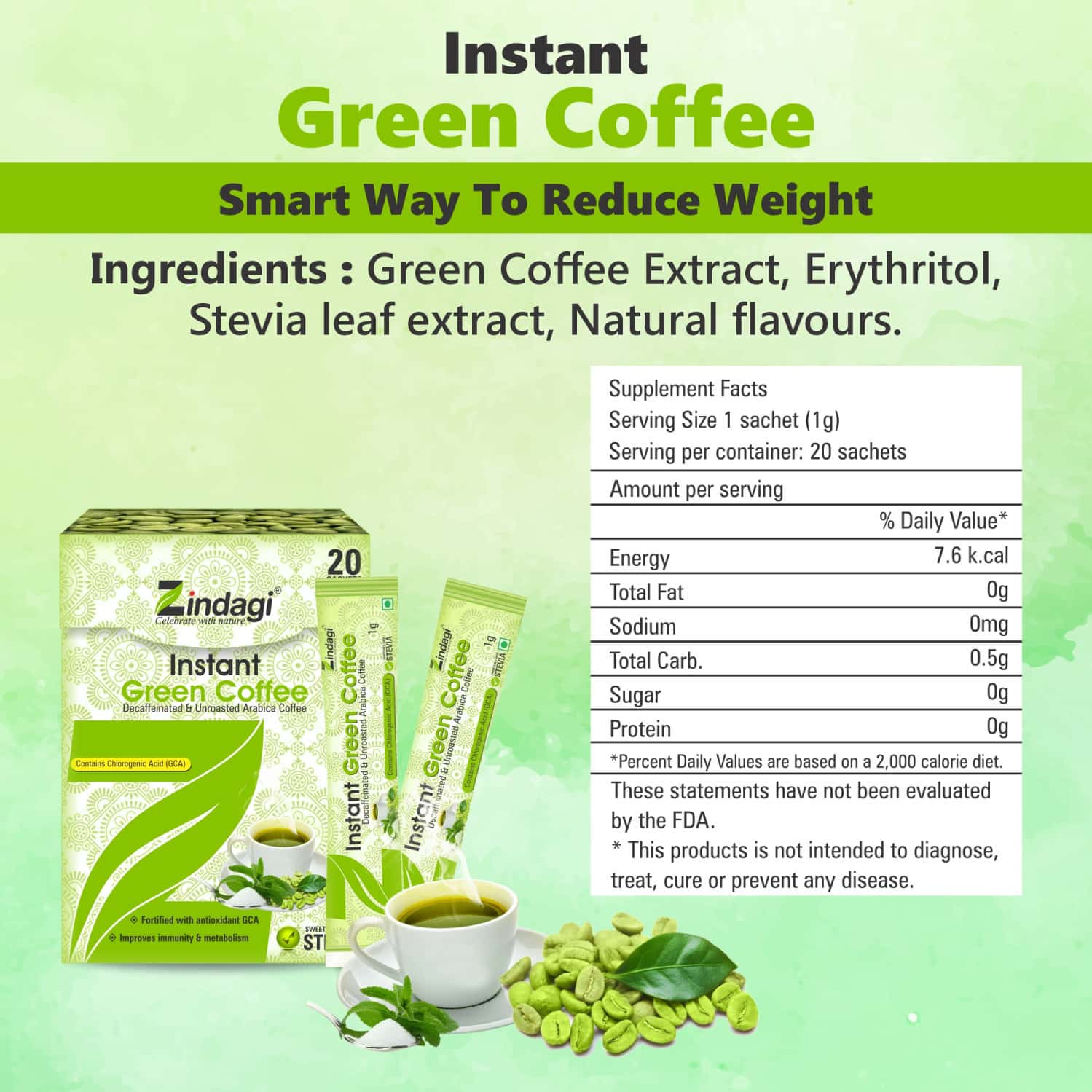 Buy ZINDAGI INSTANT GREEN COFFEE SACHETS|PURE GREEN COFFEE EXTRACT WITH ...