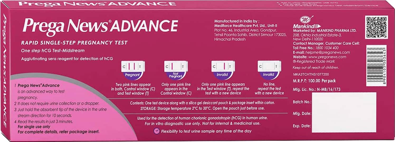 Buy MANKIND PREGA NEWS ADVANCE, HCG HOME PREGNANCY TEST, ONE STEP ...