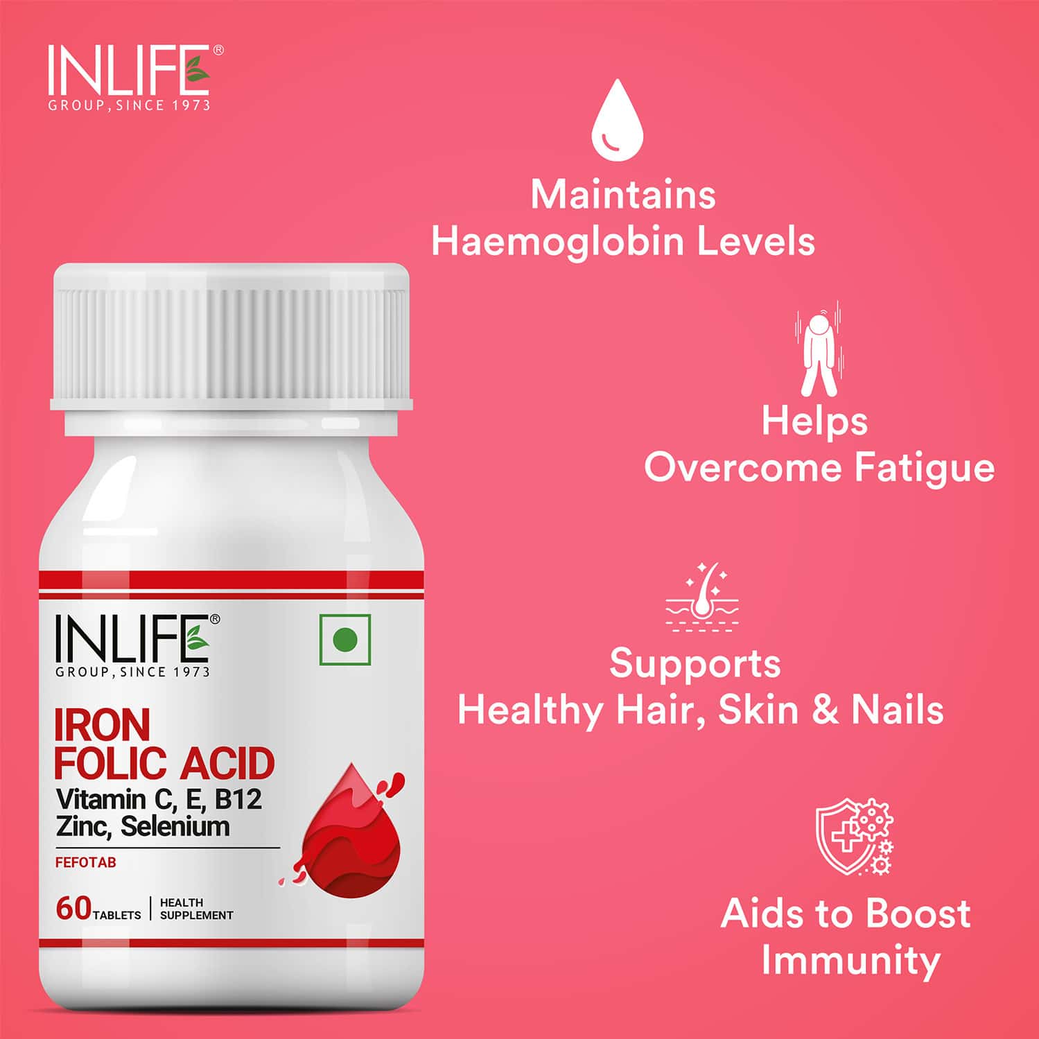 Buy INLIFE IRON FOLIC ACID SUPPLEMENT (60 TABLETS) Online & Get Upto 60 ...