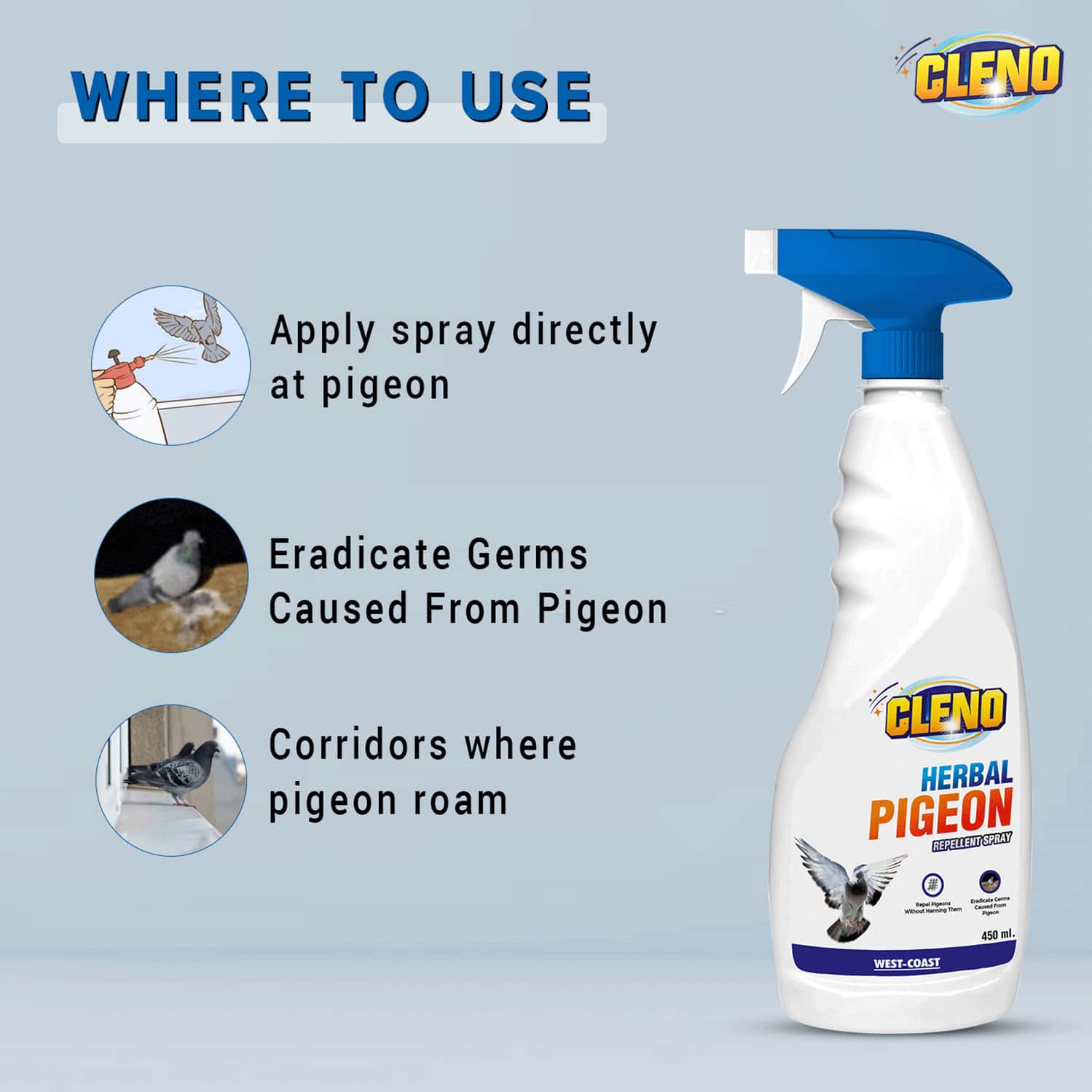 Buy CLENO HERBAL PIGEON REPELLENT SPRAY 450 ML (READY TO USE) Online ...