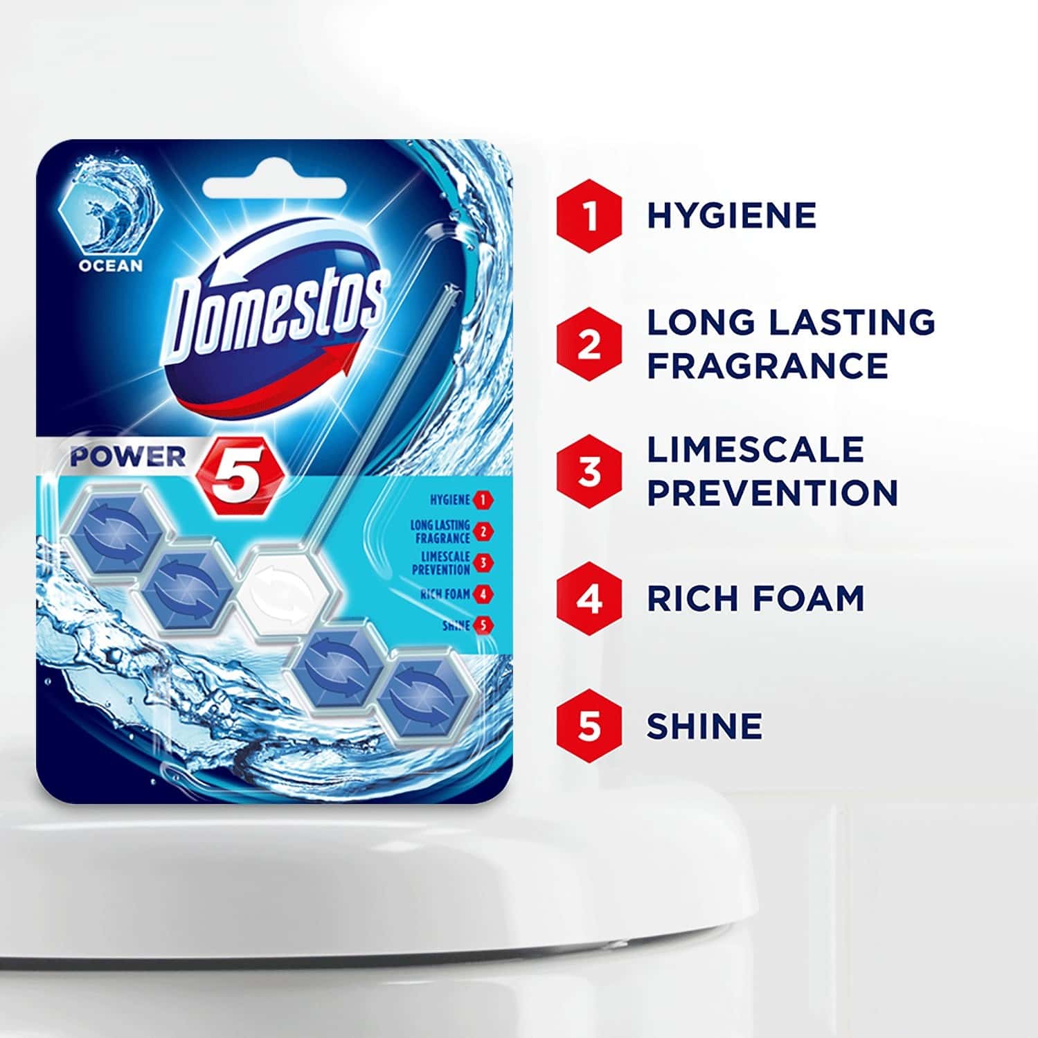 Buy DOMESTOS POWER 5 TOILET RIM BLOCK OCEAN LIMESCALE REMOVAL WITH LONG ...