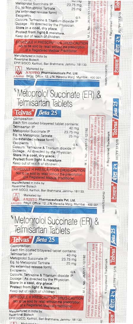 Telvas Beta 25mg Strip Of 10 Tablets: Uses, Side Effects, Price ...
