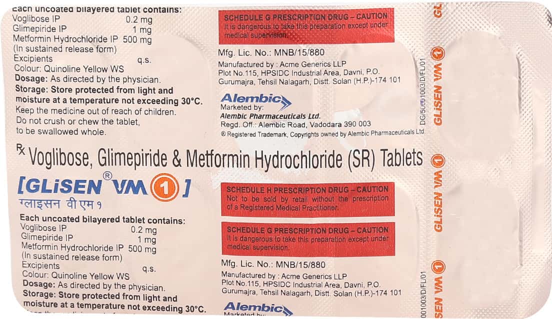 Glisen Vm 1mg Strip Of 10 Tablets: Uses, Side Effects, Price & Dosage ...