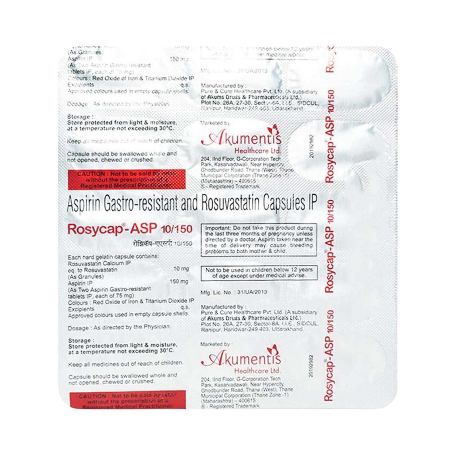Rosycap Asp 10/150mg Strip Of 15 Capsules: Uses, Side Effects, Price ...
