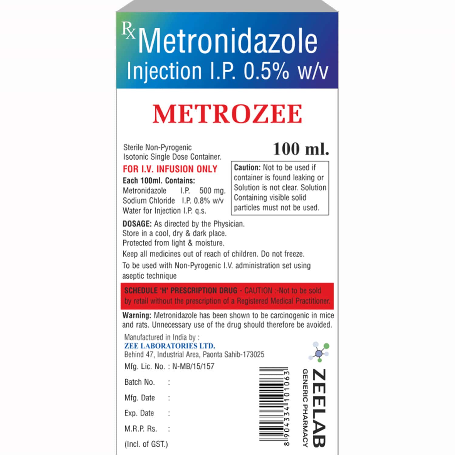 Buy Metrozee 500 MG/100ML Solution For Infusion (100) Online & Save Up ...