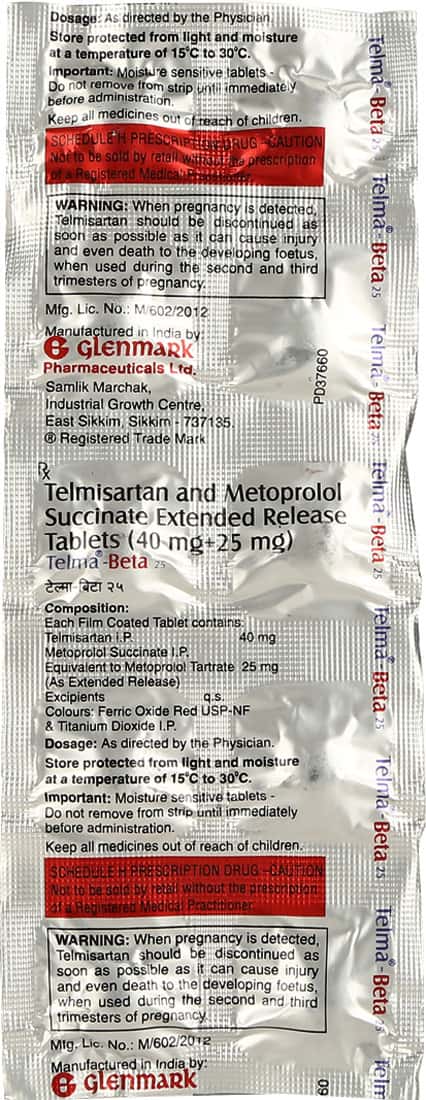 Telma Beta 25mg Strip Of 10 Tablets: Uses, Side Effects, Price & Dosage ...
