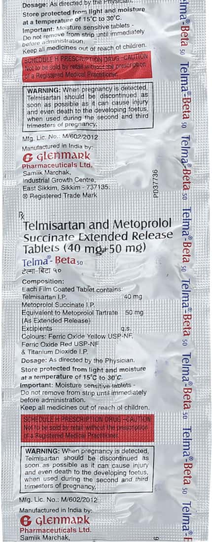Telma Beta 50mg Strip Of 10 Tablets: Uses, Side Effects, Price & Dosage ...
